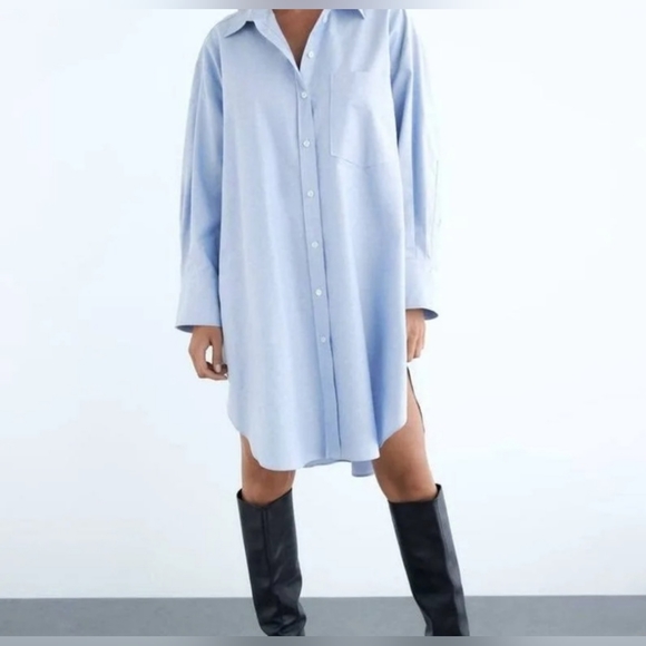 Zara | Tops | Zara Oversized Extra Long Blue Button Up Women Velvet ...